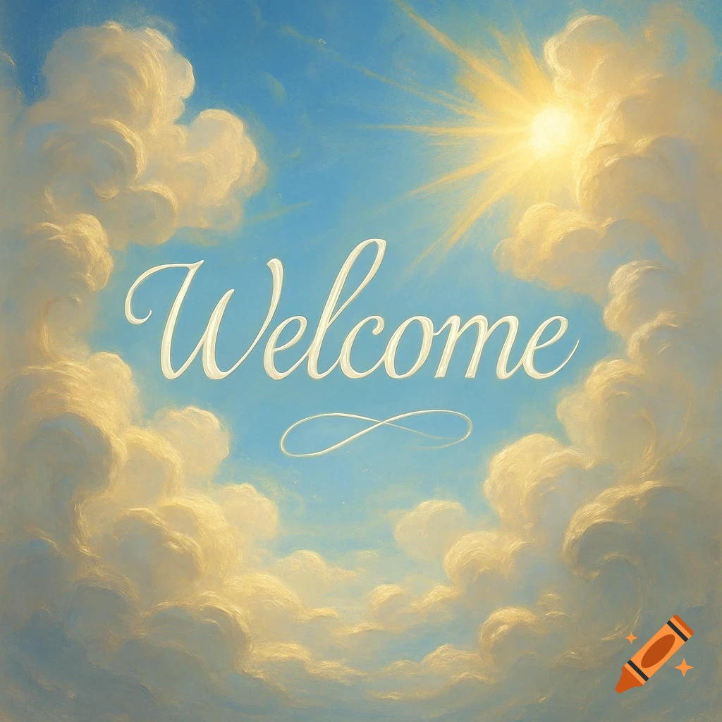 The word "Welcome" in elegant script font is set against a bright blue ...