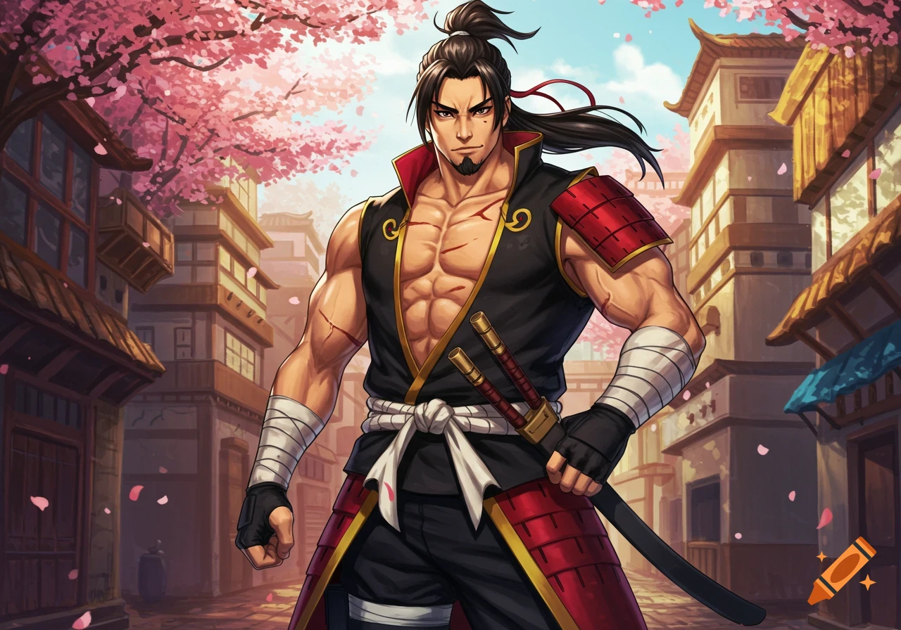 A muscular anime samurai man with a top knot, open vest, and swords ...