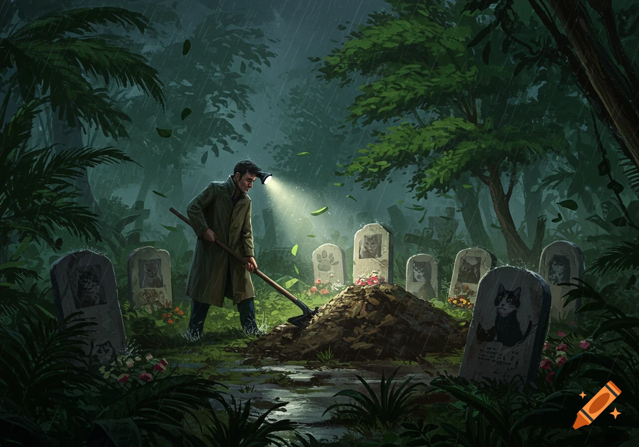 Gnarled zombie hand rises from a grave in a spooky graveyard with a ...