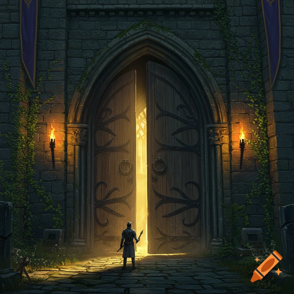 A lone figure stands before a grand, partially open castle door ...