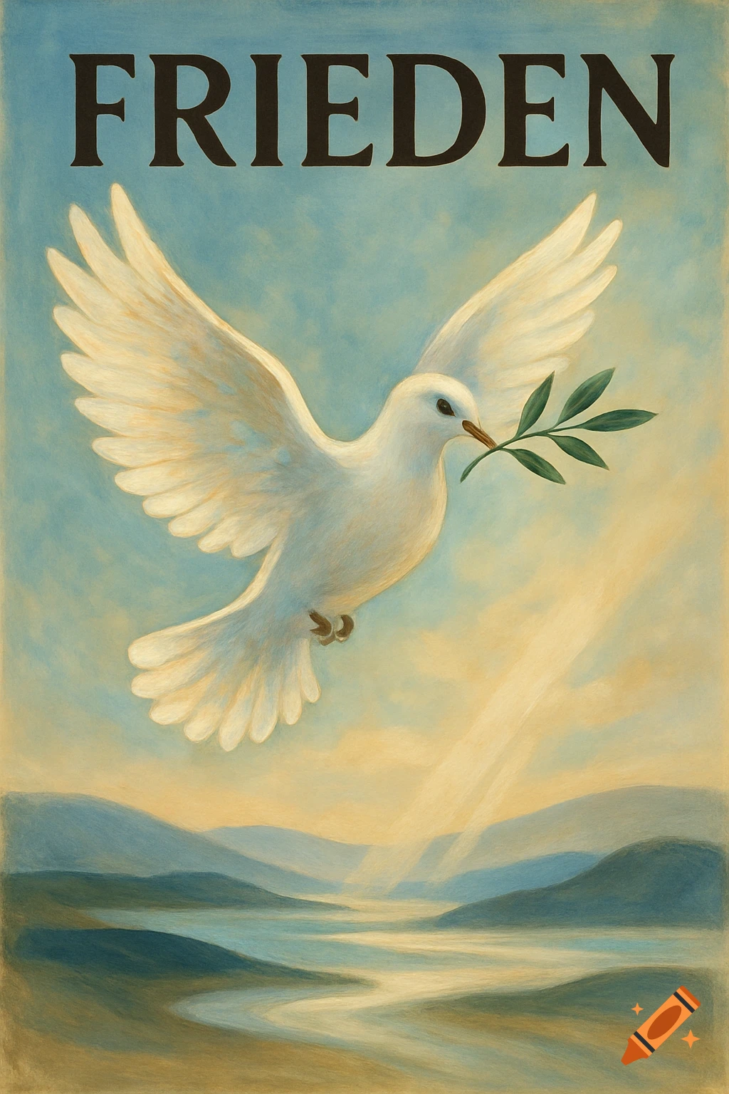A white dove with an olive branch flies above a peaceful blue and gold ...