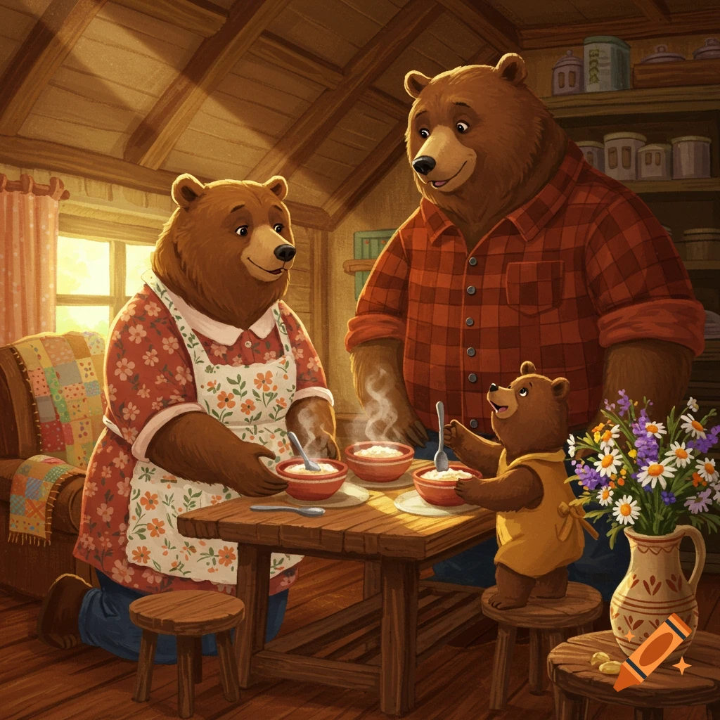 Cartoon bear family, mama, papa, and baby, eating steaming porridge at ...