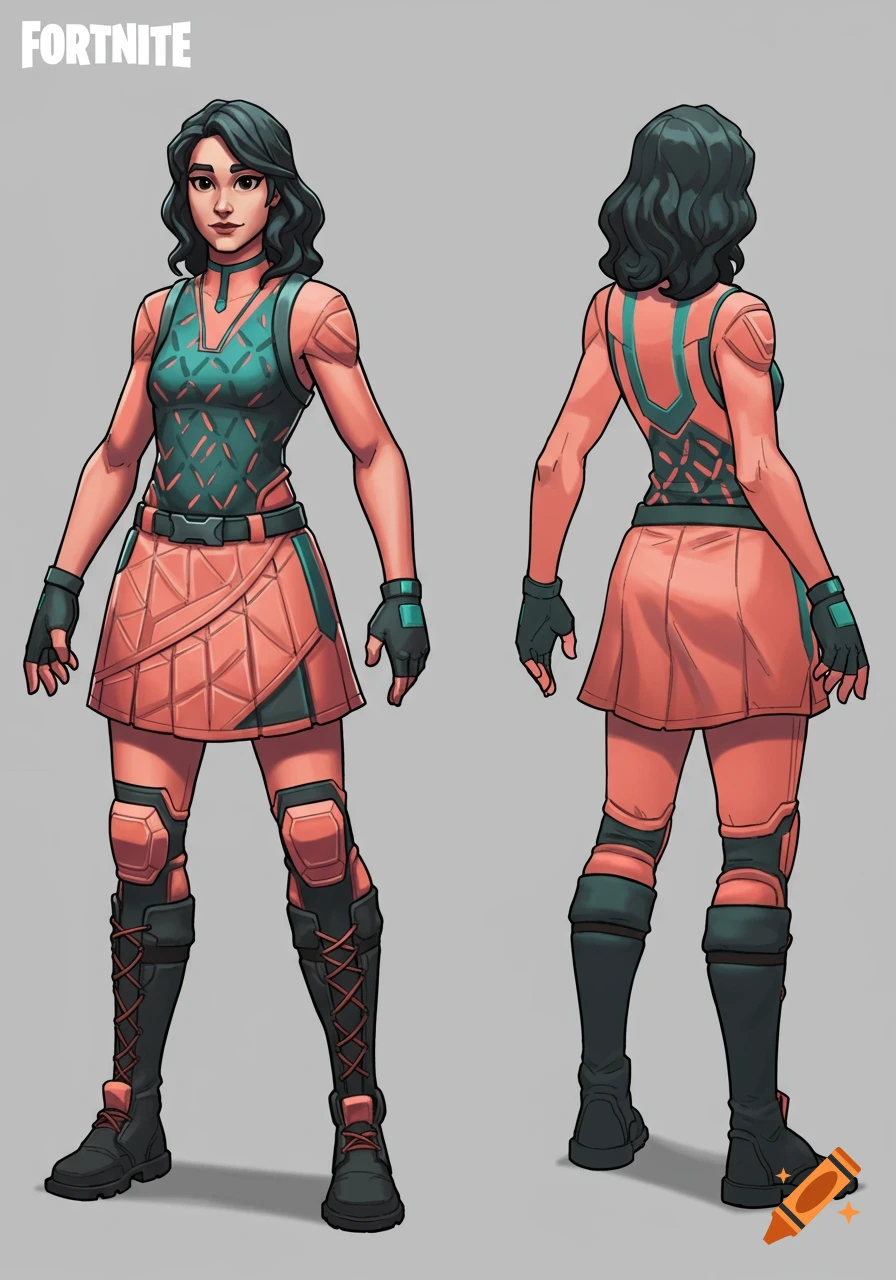 Stylized Fortnite character sheet showing a female in a teal top, peach ...