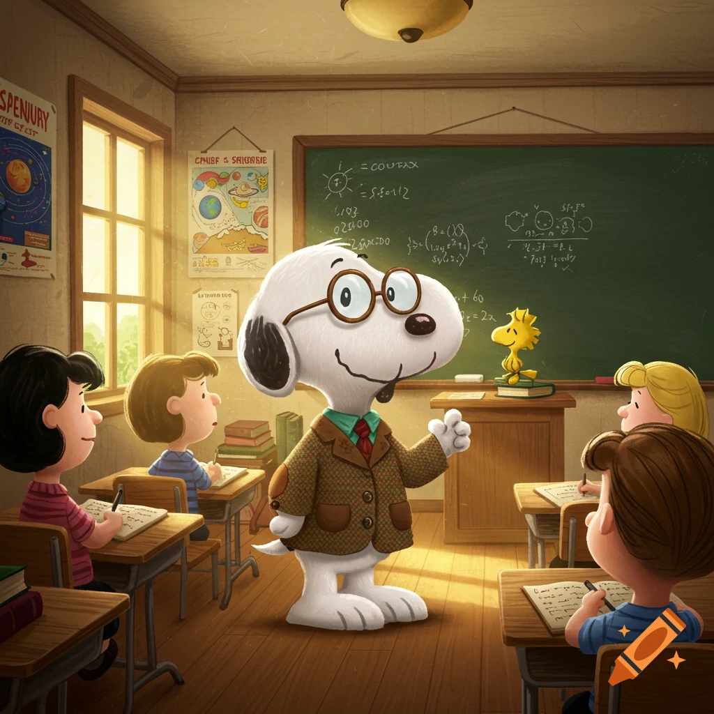 Snoopy, wearing glasses and a tweed jacket, teaches a class of children ...