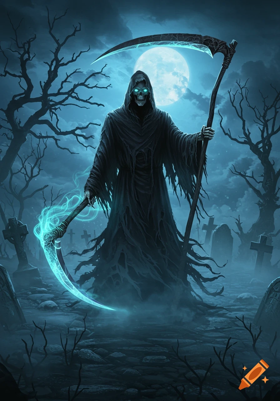 A sad Grim Reaper in a black robe with a scythe stands on a rocky ...