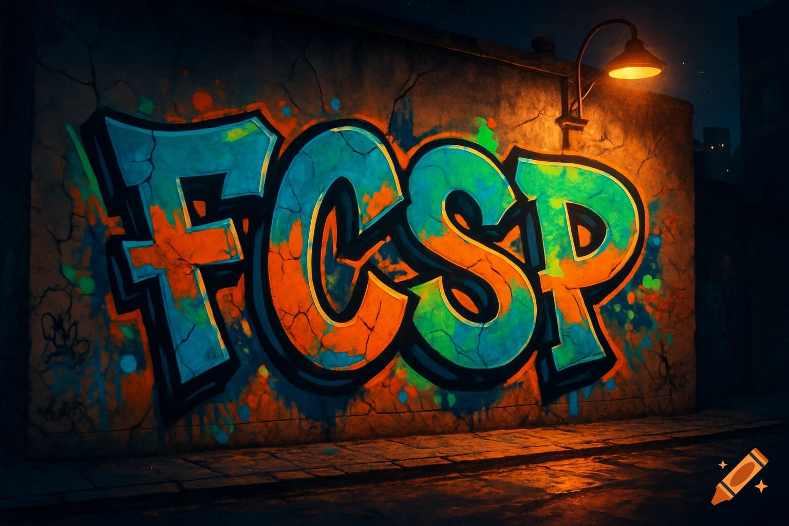 Colorful graffiti tag 'FCSP' in orange and blue-green on a cracked ...
