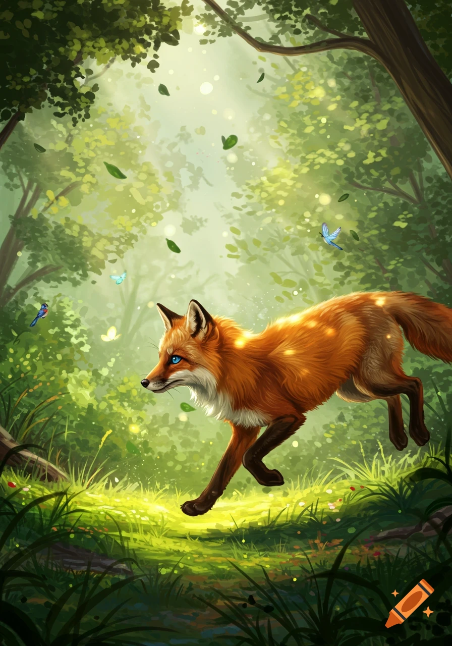A cute, orange and white cartoon fox stands in a shallow river with ...