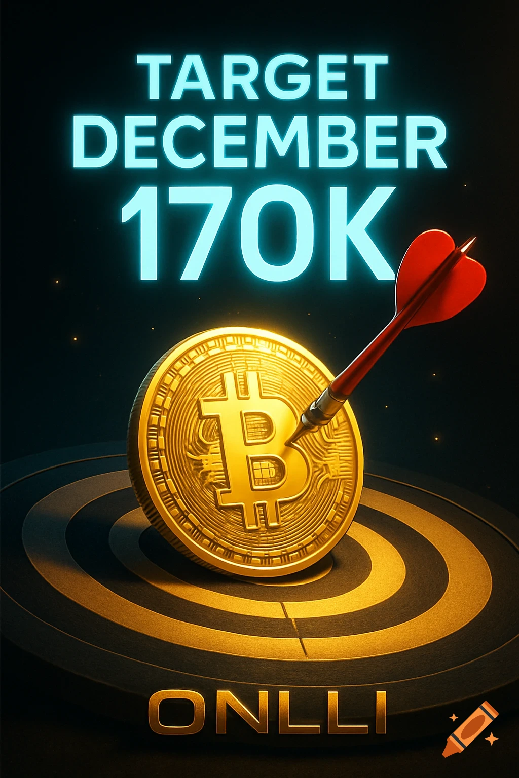 A golden Bitcoin coin on a dart target hit by a red dart, with glowing ...