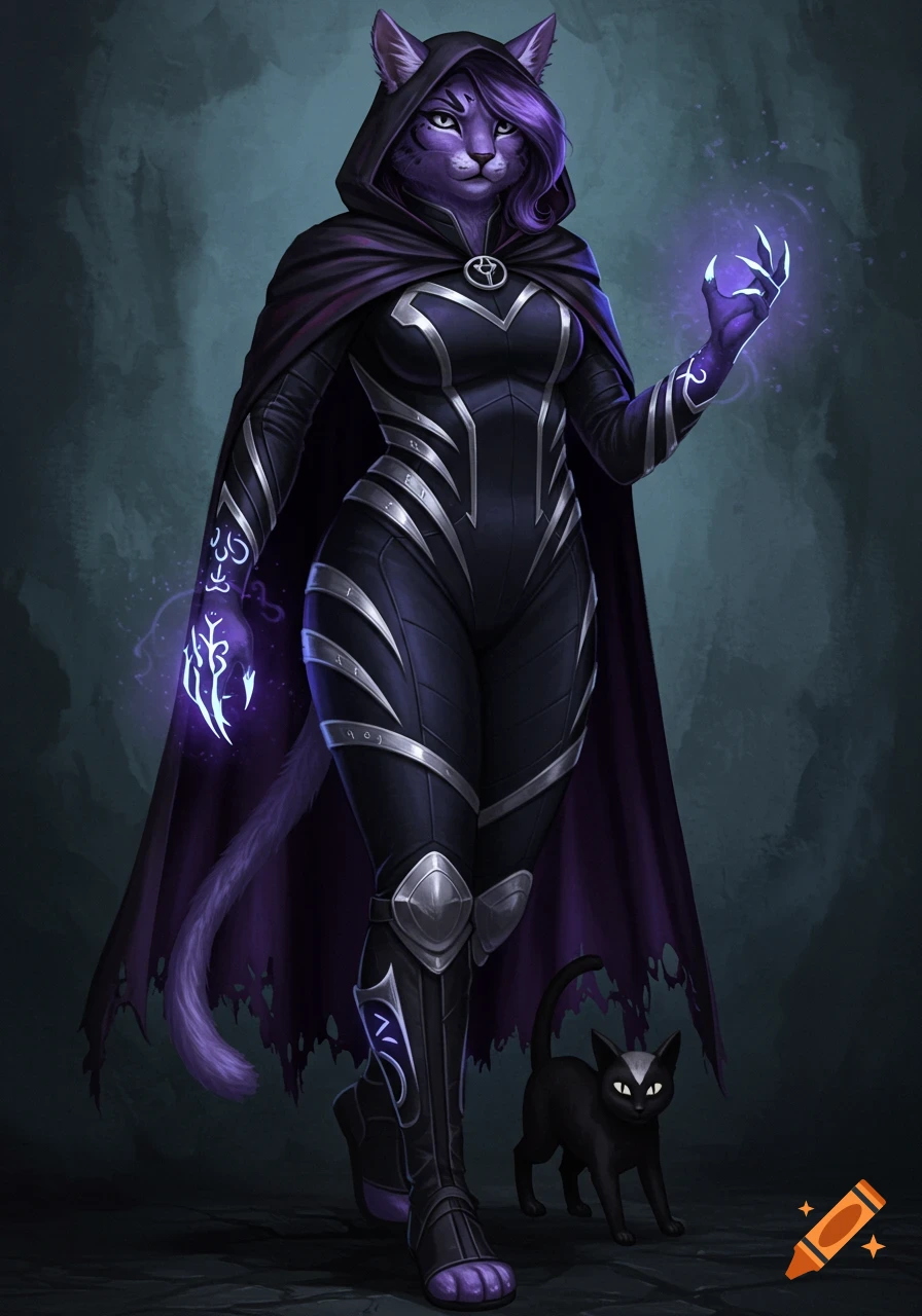 A powerful purple anthropomorphic cat sorceress wearing a dark hooded ...