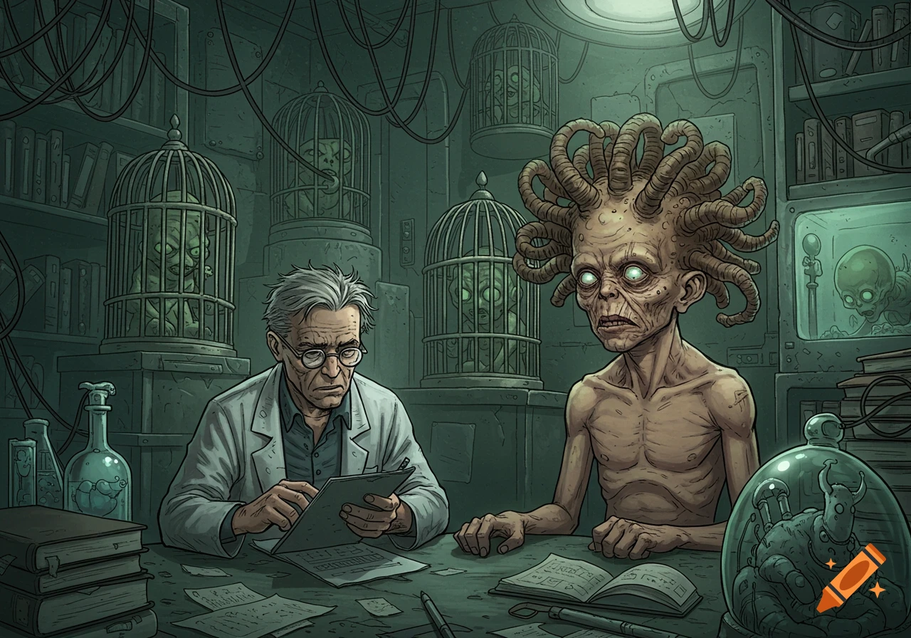 Odysseus offers wine to a large cyclops in a dark cave, in a comic book ...