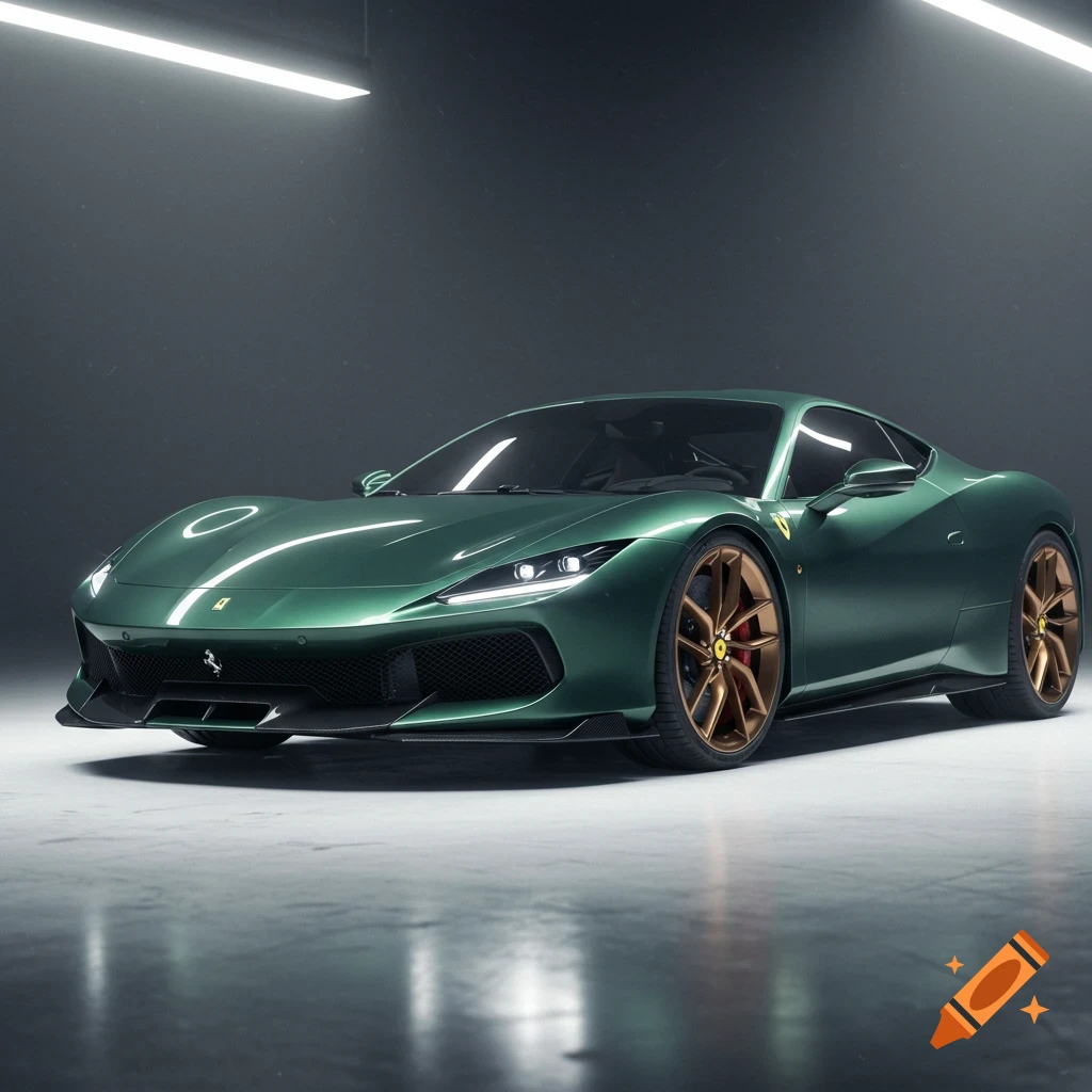 A dark green Ferrari F8-inspired concept hypercar with bronze wheels is ...