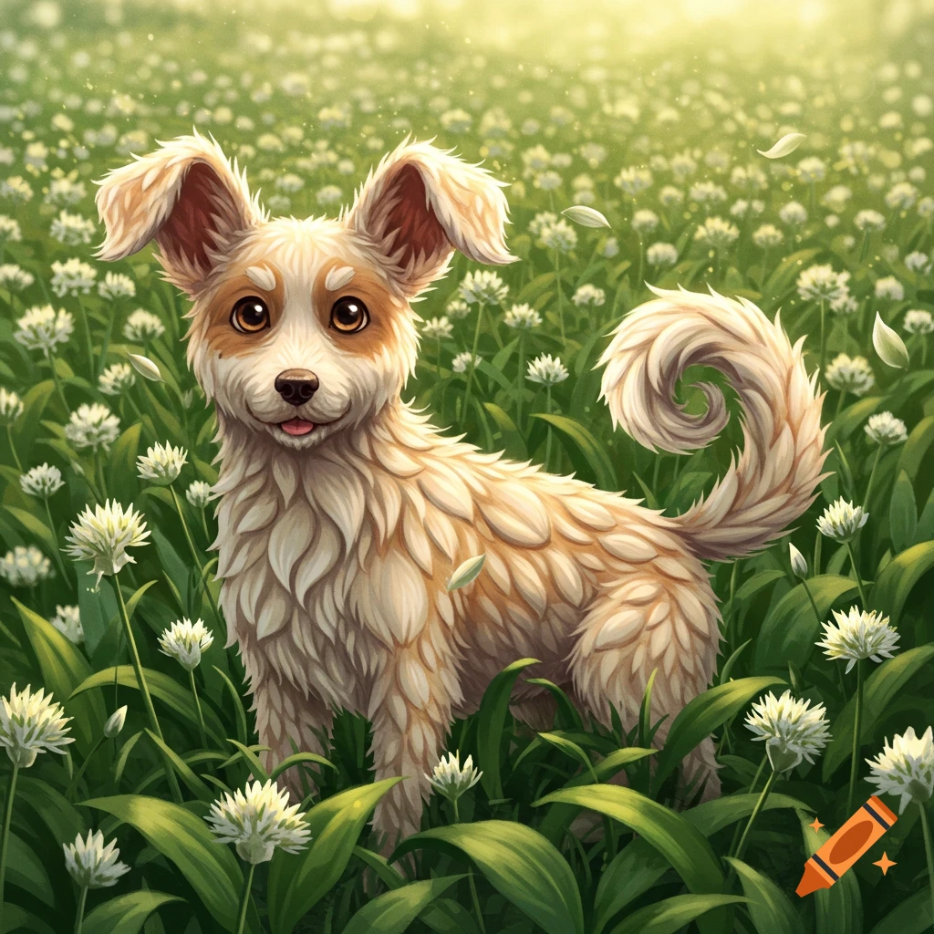A happy golden-colored dog with perky ears stands in a sunny field ...
