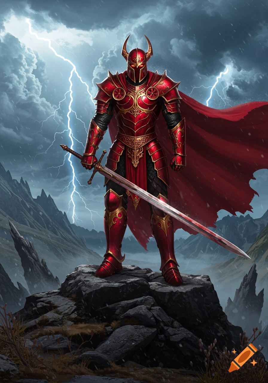 A towering dark lord in spiked black armor with glowing red eyes walks ...