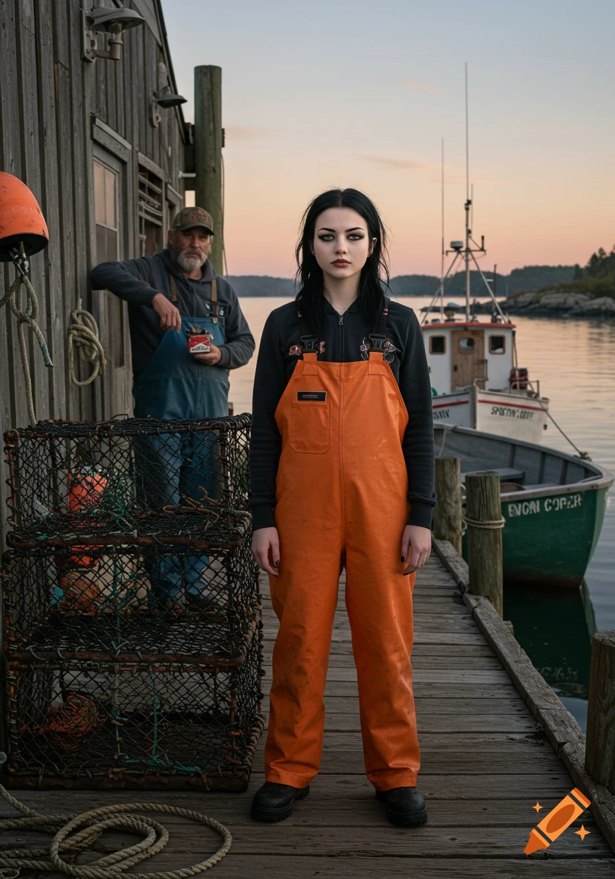 Photorealistic image of a young woman in orange overalls and an older ...