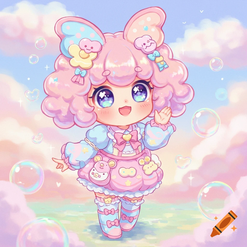 Cute pastel chibi anime character with curly hair, wearing a frilly ...