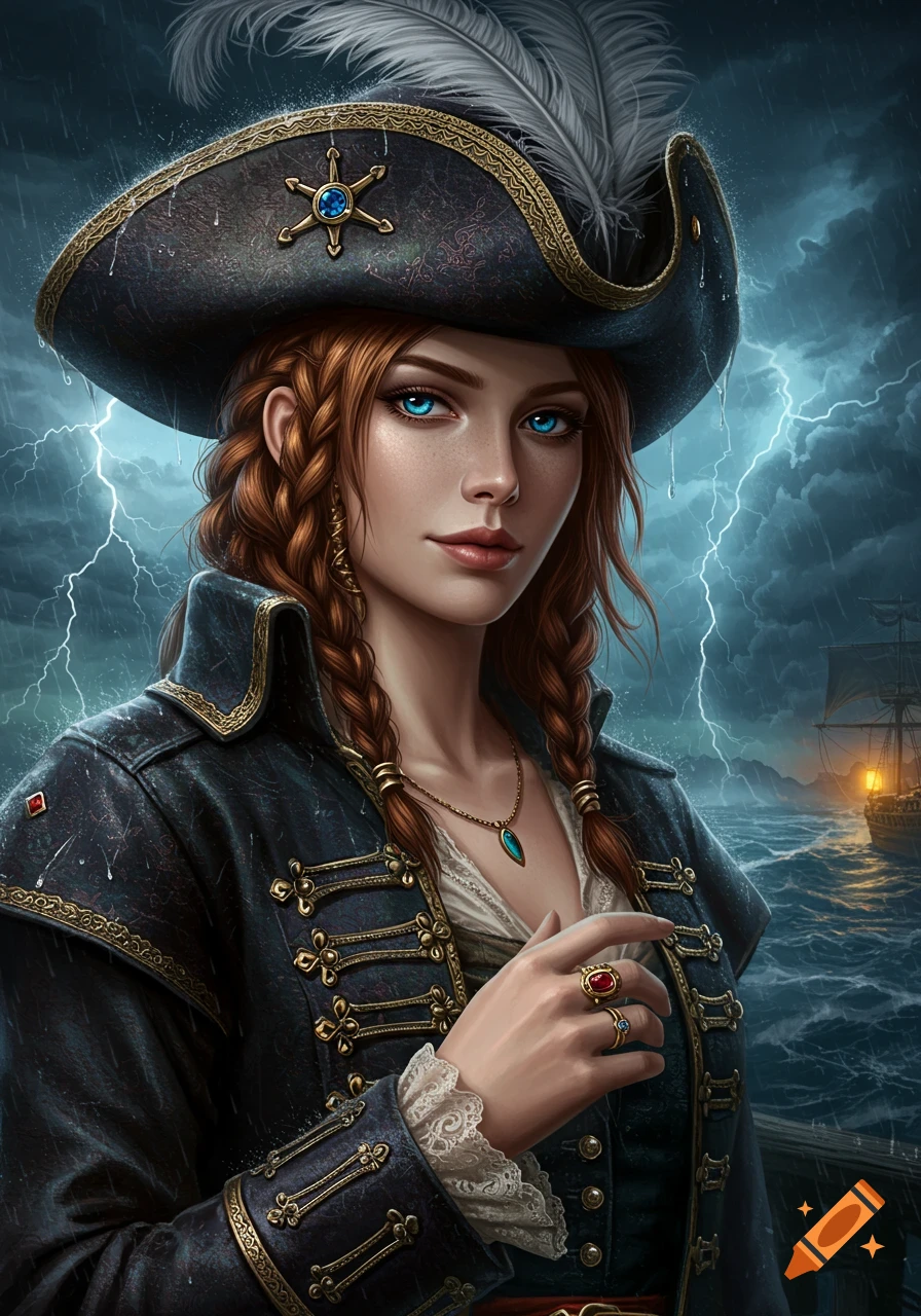 Full-body illustration of a fierce female pirate with a sword, wearing ...