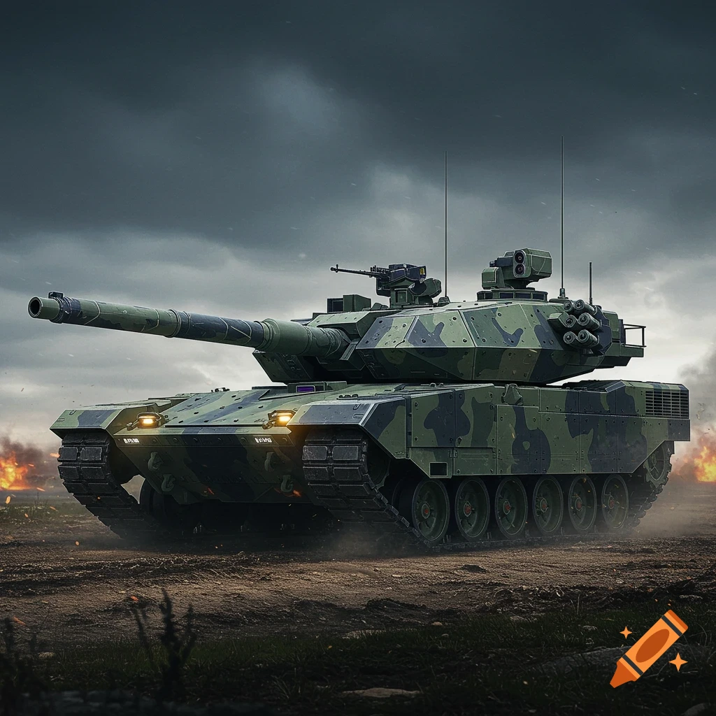 A detailed, photorealistic military tank in a desert landscape, with ...