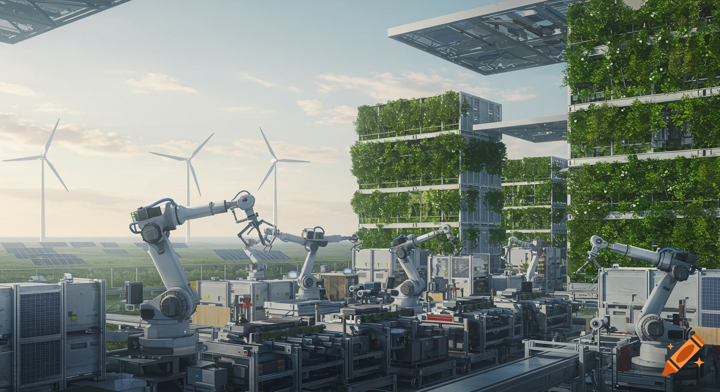 Photorealistic view of a futuristic factory with robotic arms, vertical ...