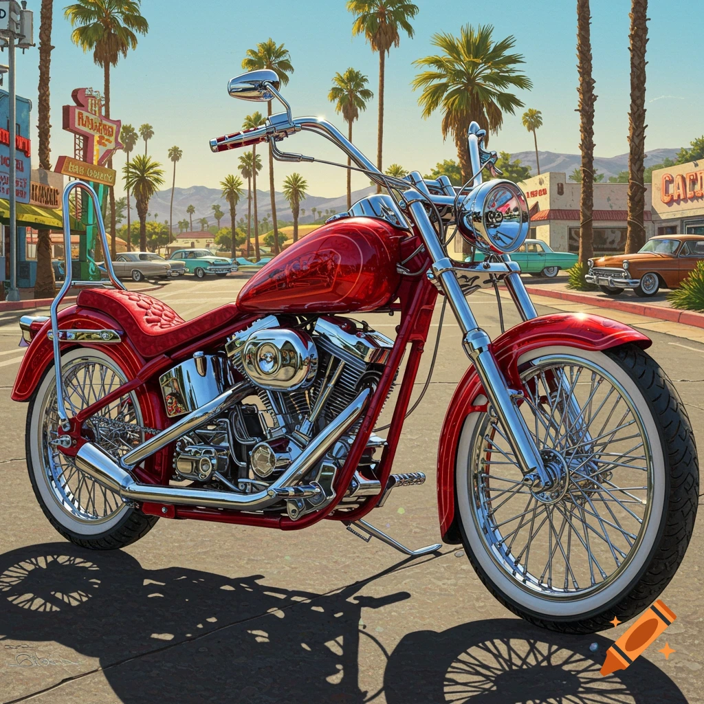 A gleaming red custom chopper motorcycle with chrome details parked on ...