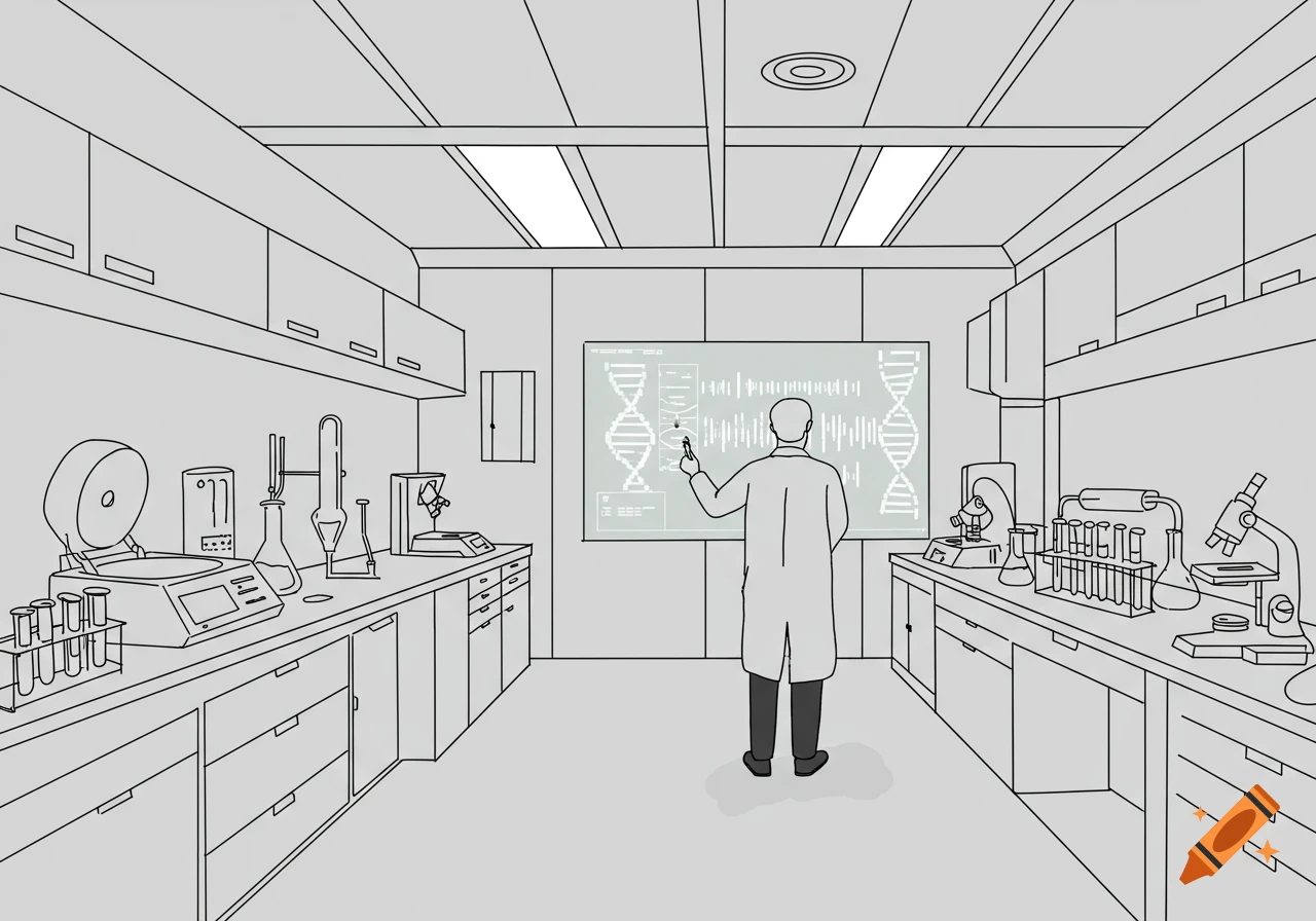 Outline drawing of a scientist in a lab coat explaining diagrams on a ...