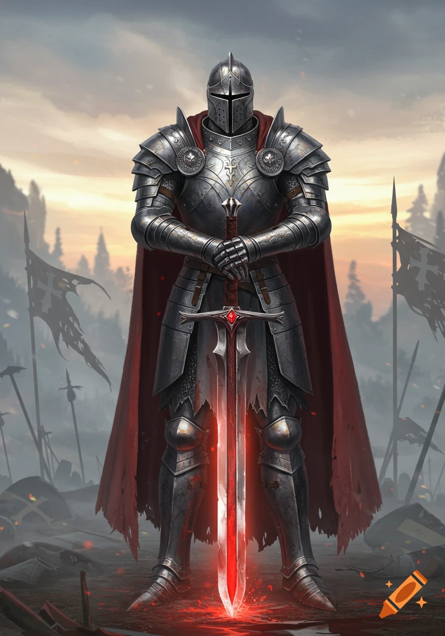 A fierce medieval warrior in ornate black armor stands on city walls ...