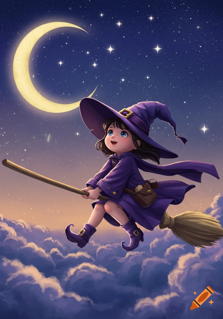 A cute cartoon witch in a purple hat and robe flies a broomstick ...