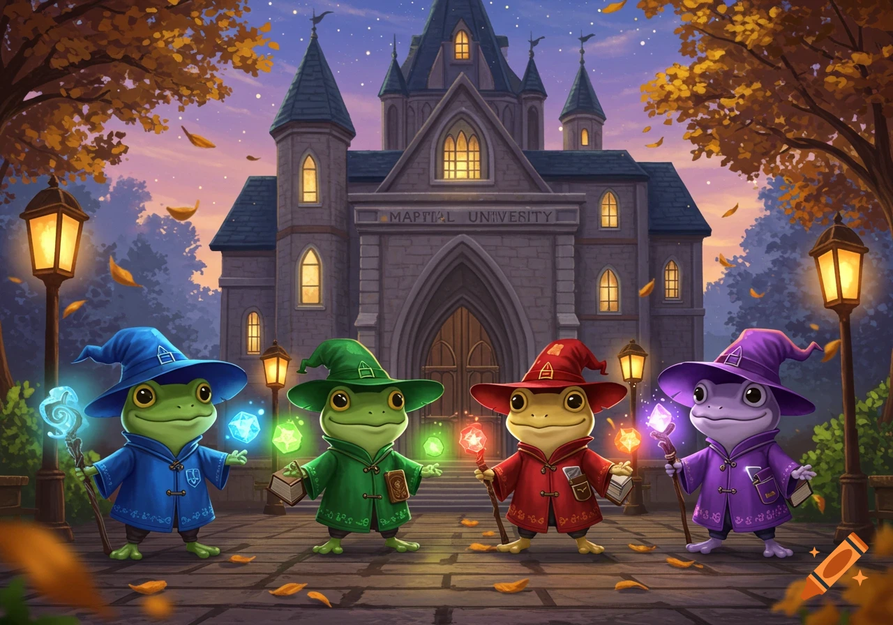 Four chibi frog wizards in blue, green, red, and purple robes with ...
