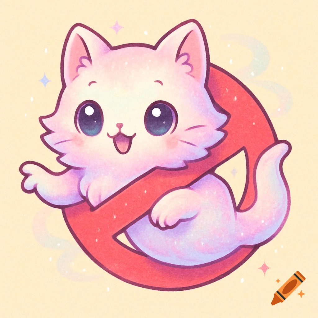 A cute pink chibi ghost cat floats within a red no-entry sign ...