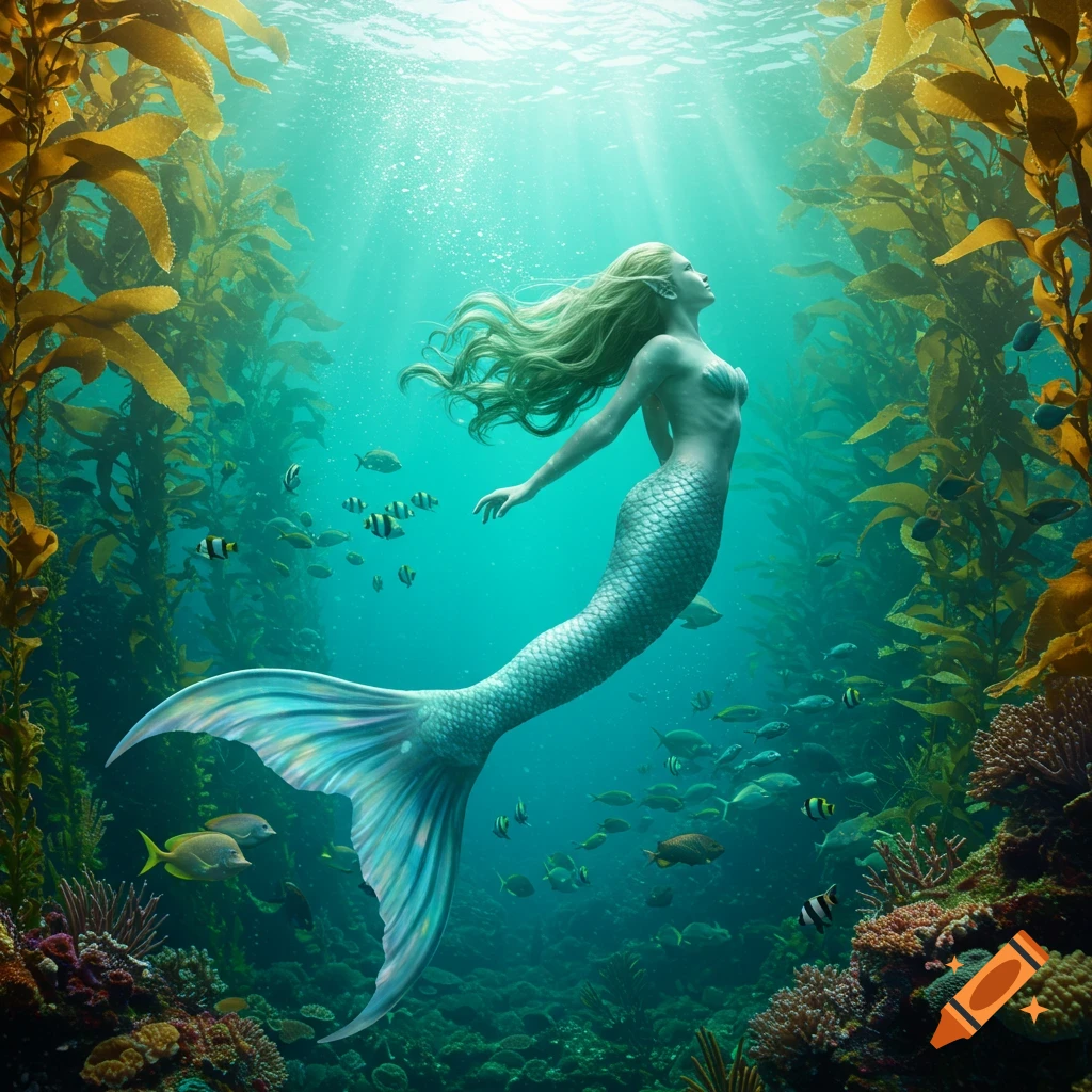 A woman in a white dress floats gracefully in the deep blue ocean ...