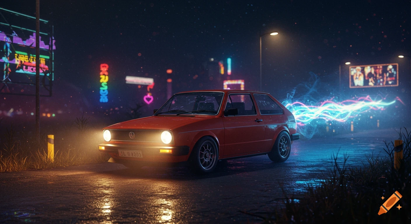 A white cel-shaded flying van with C-shaped jet wings navigates over a ...