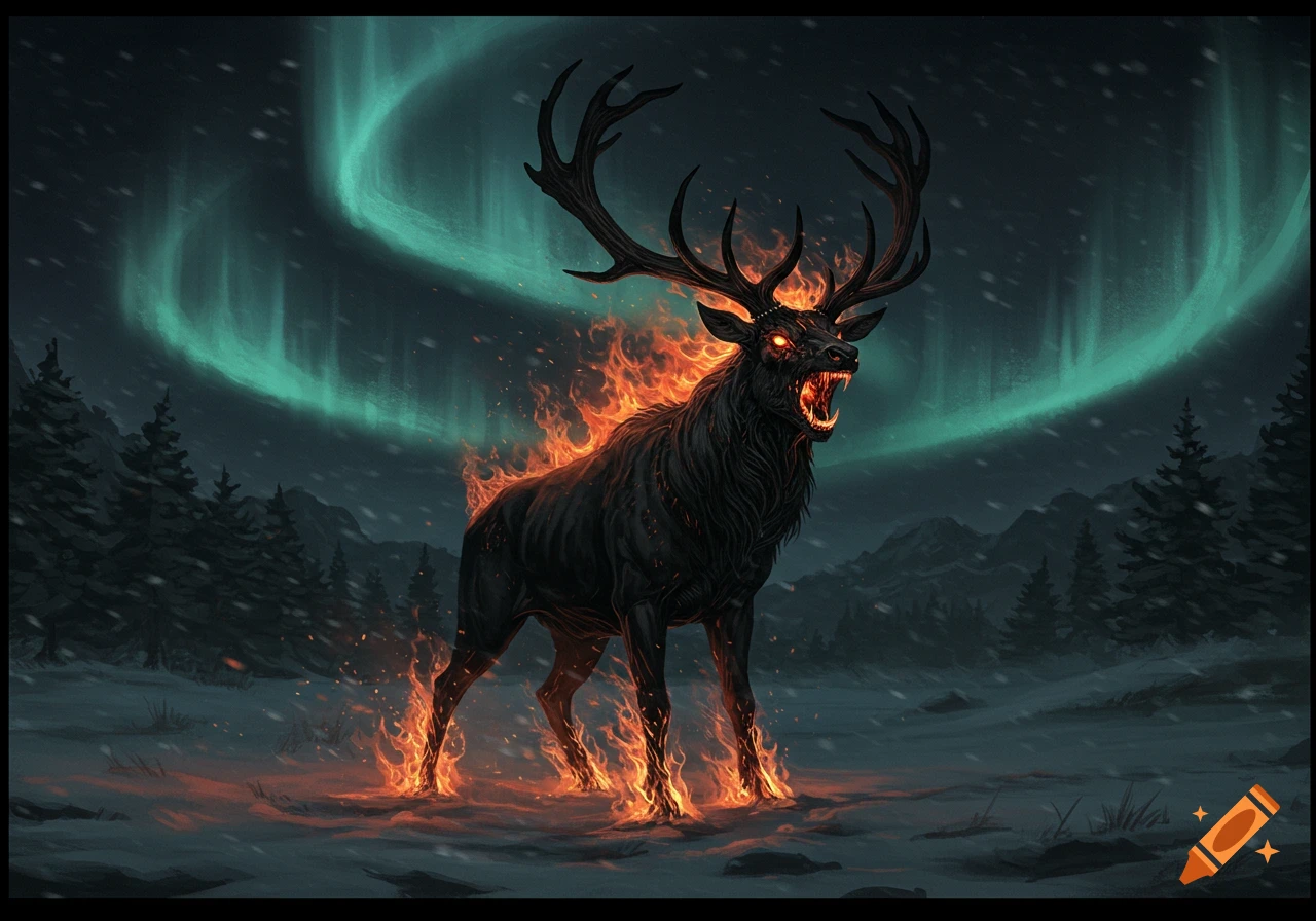 A dark fantasy digital art piece of an evil black deer with glowing red ...