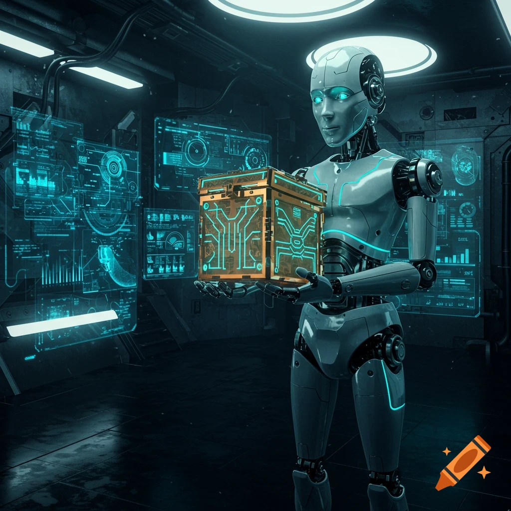 A futuristic, dimly lit control room filled with wires and servers ...