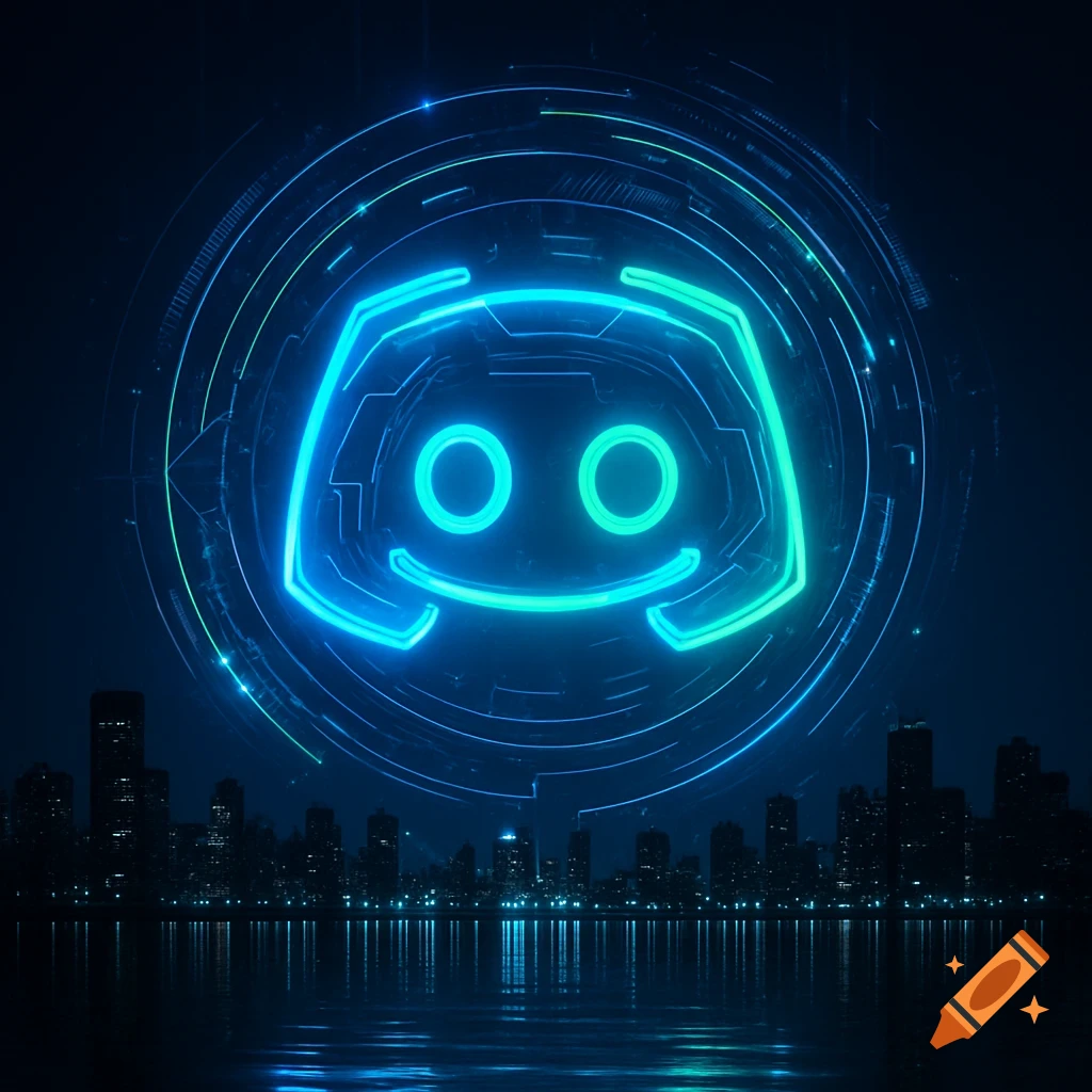 Neon blue Discord logo glowing above a dark city skyline with reflections on water, in a ...