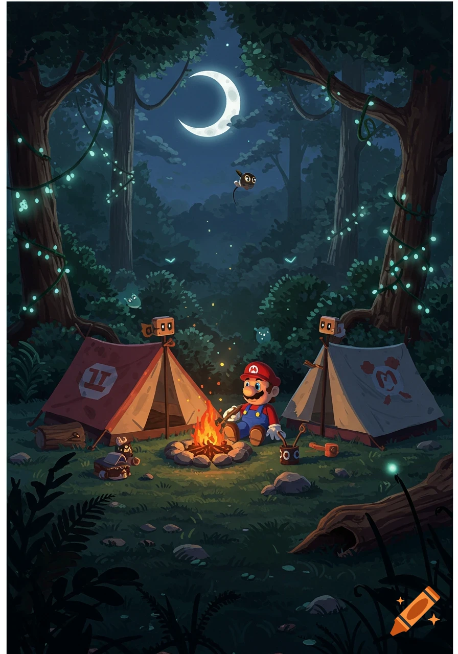 Mario sits by a campfire between two tents in a dark forest lit by a ...