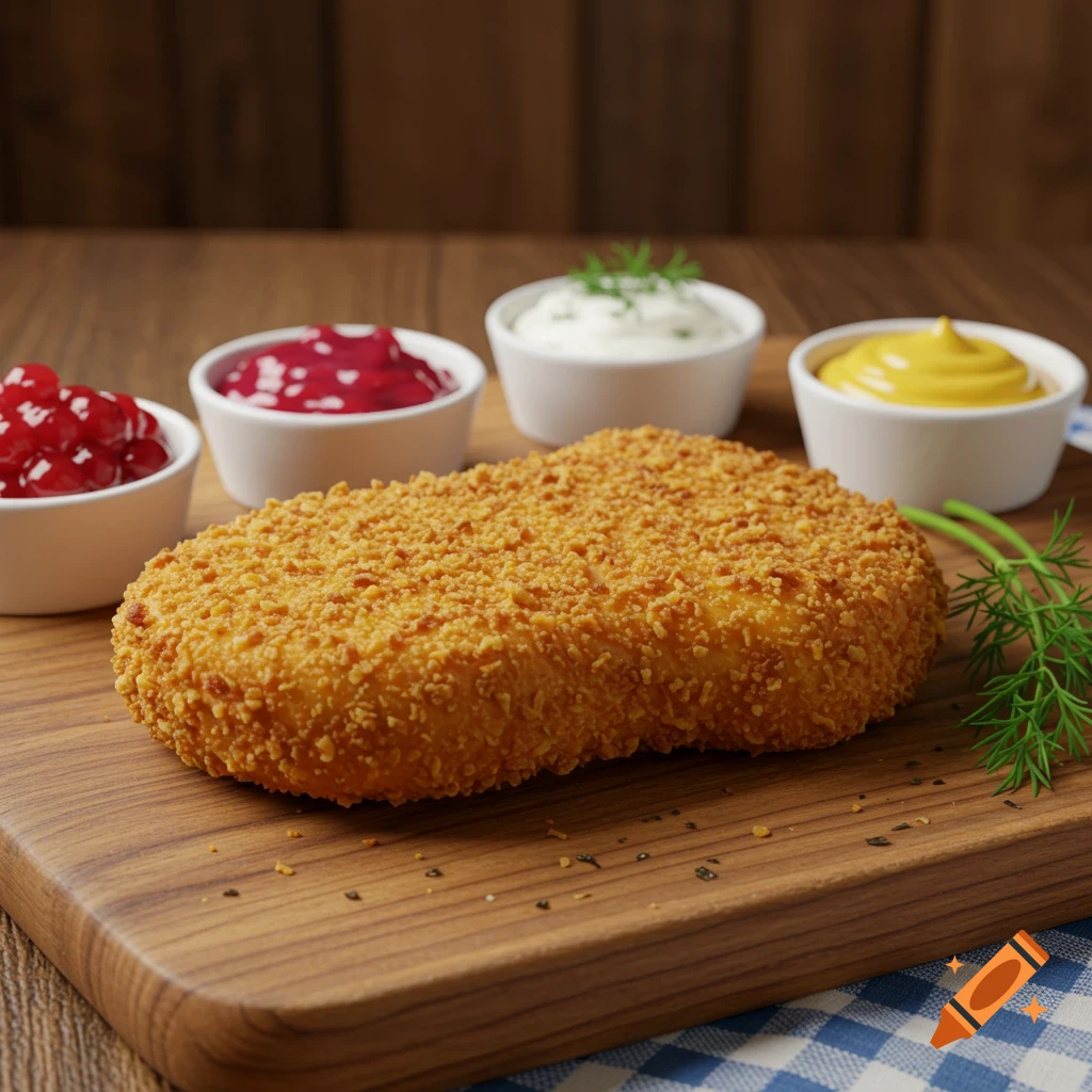 A large breaded chicken cutlet on a wooden board, served with small ...
