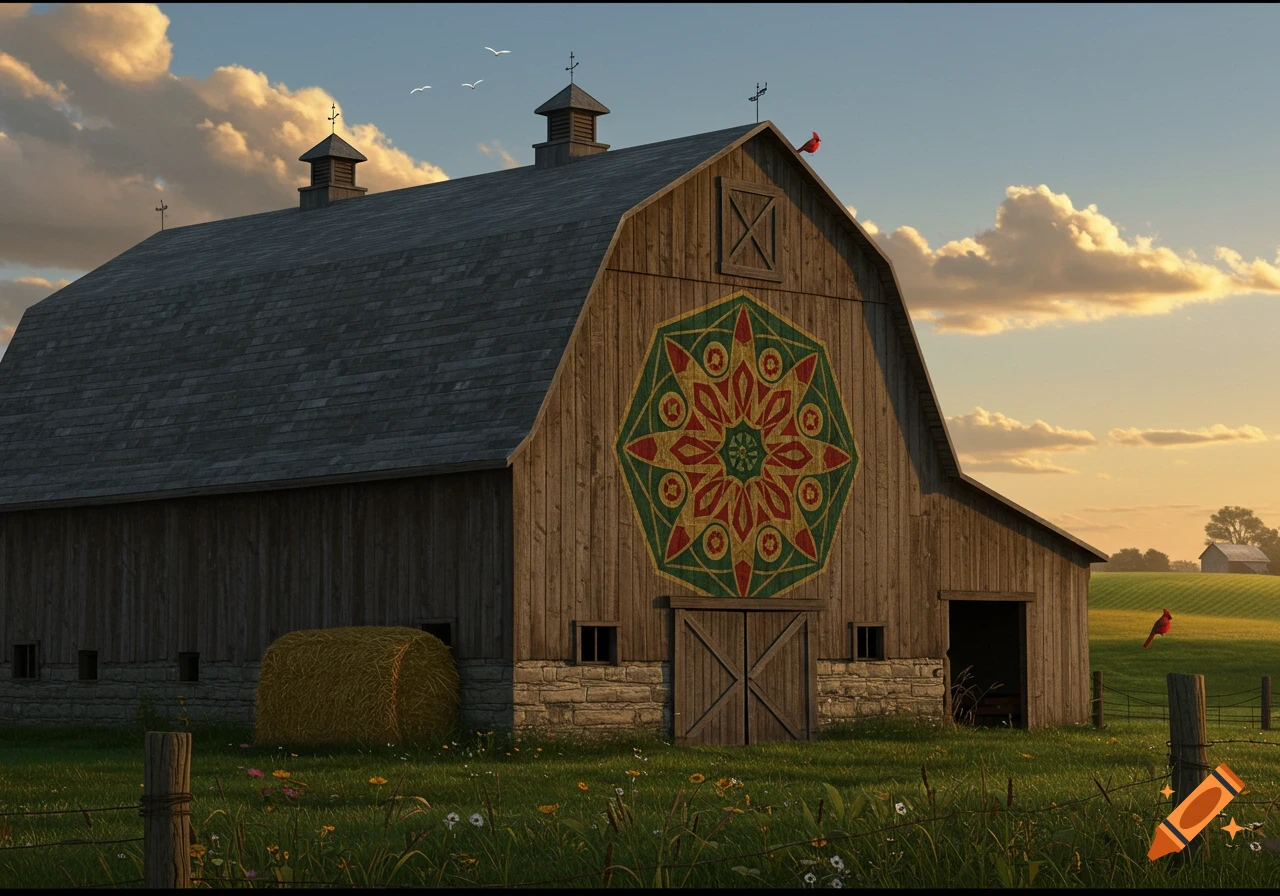 Photorealistic image of a weathered wooden barn with a large, colorful ...