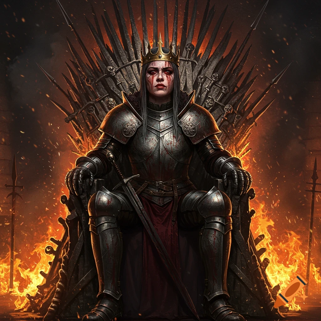 A bloodied, weary warrior queen with an intense expression sits on a ...