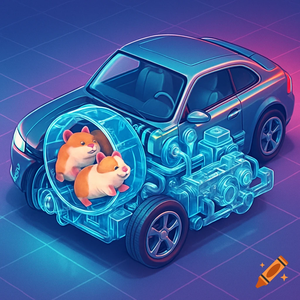Isometric illustration of a car with a transparent engine showing two ...