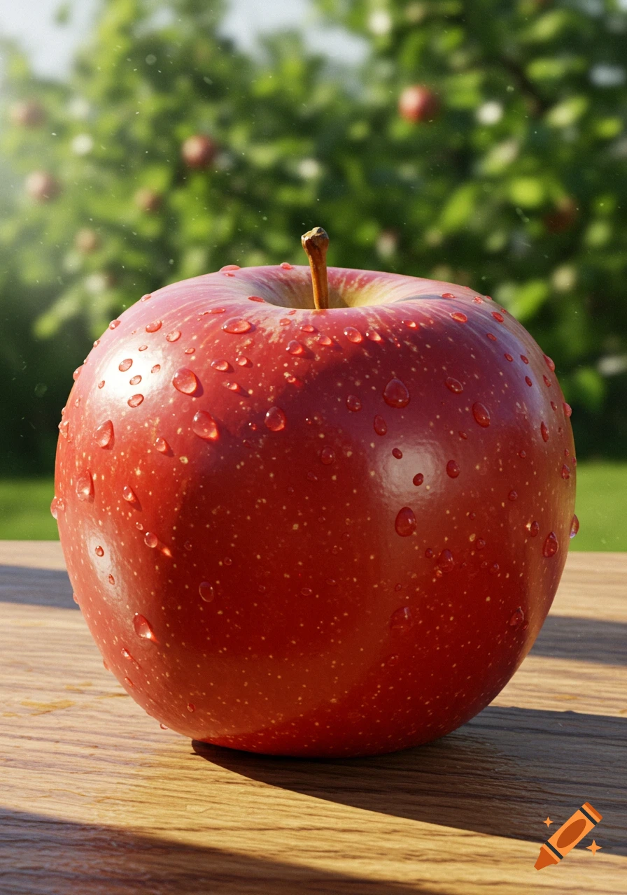 A vibrant red apple with water droplets on weathered wooden planks in ...