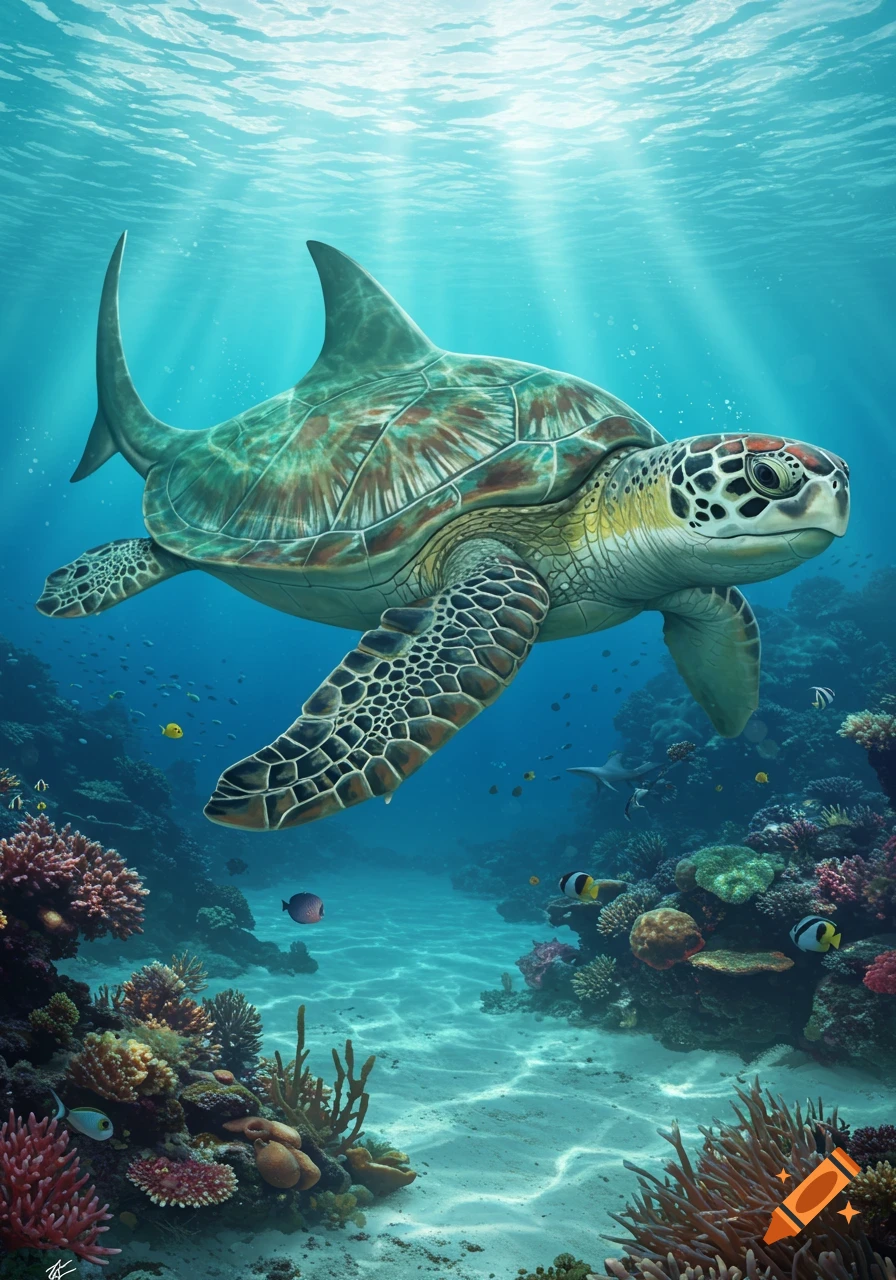 A vibrant fantasy illustration of a sea turtle with a shark's tail and ...