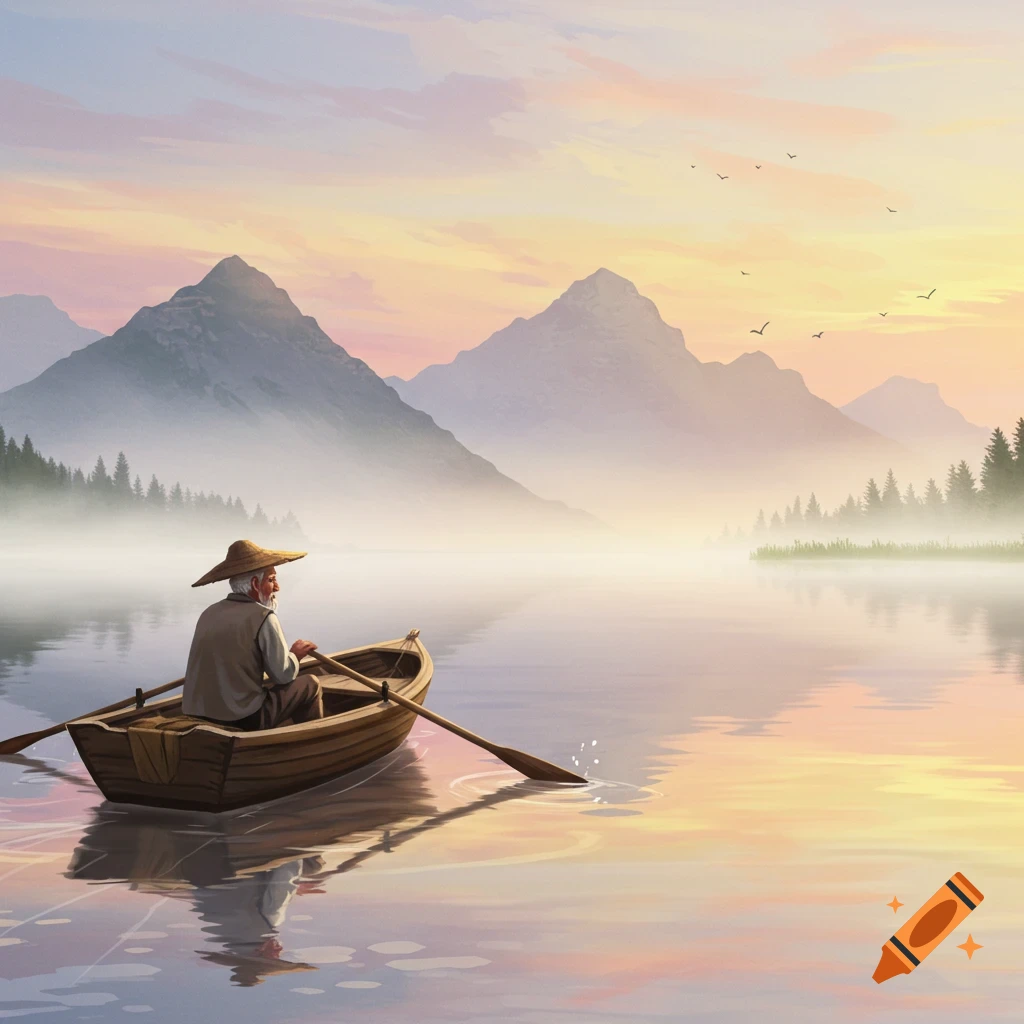A rustic wooden boat floats peacefully on a misty lake at sunrise ...
