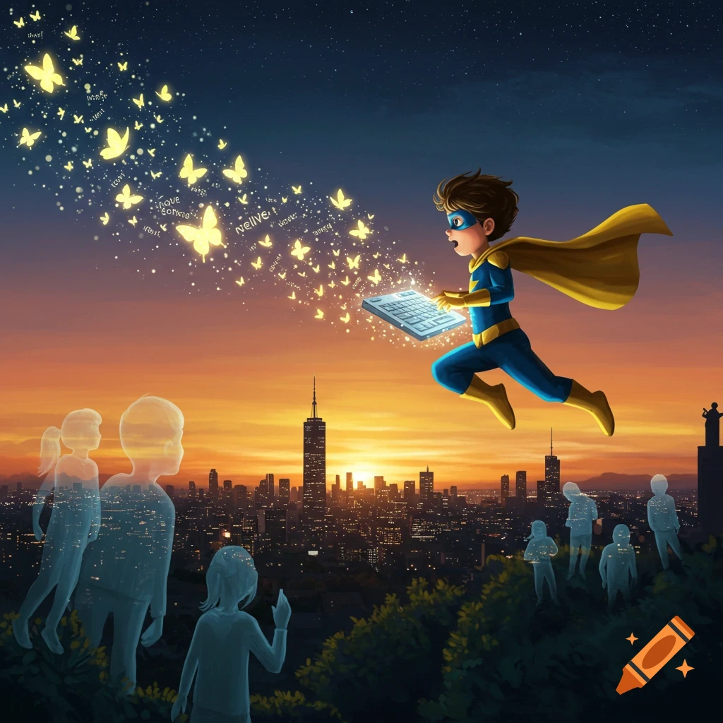 Cartoon child superhero flies over a city at sunset, generating glowing ...