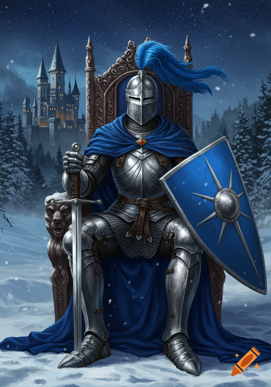 A knight in full armor rides a brown horse through a sunlit river ...