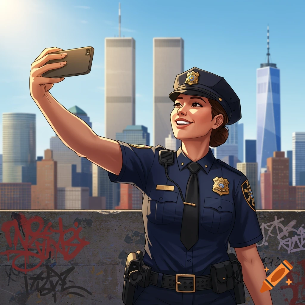 A smiling female police officer in a blue uniform takes a selfie on a rooftop with a city ...