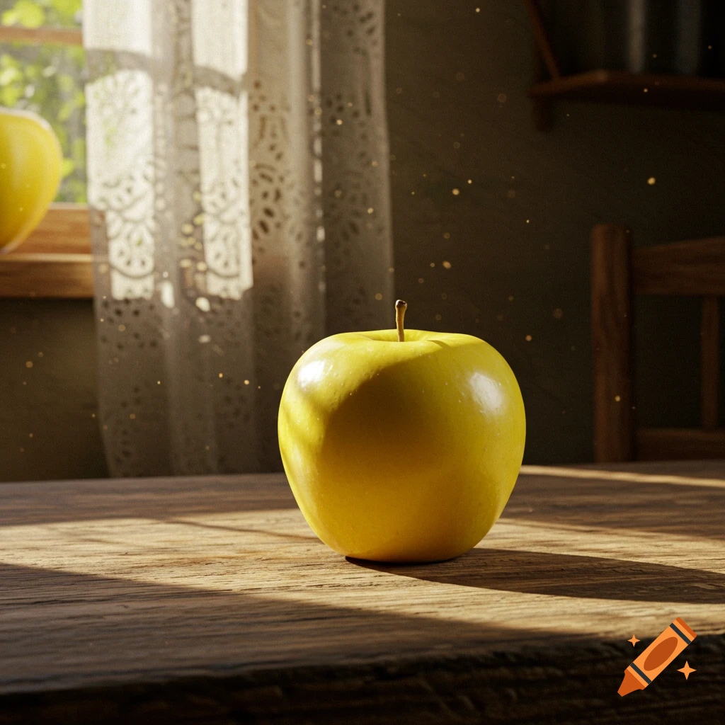 A single yellow apple on a rustic wooden table, bathed in sunlight from ...