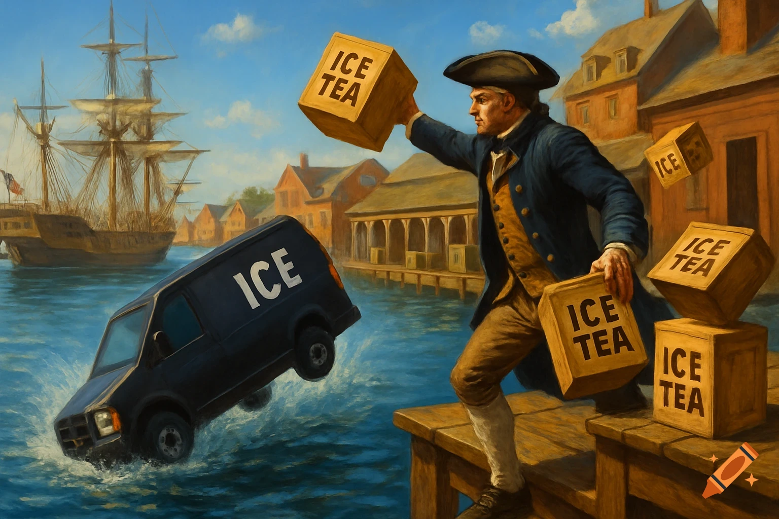 A colonial patriot throws "ICE TEA" boxes into a harbor with an "ICE ...