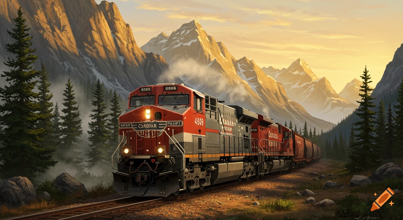 A red Canadian Pacific freight train travels through a mountain pass ...