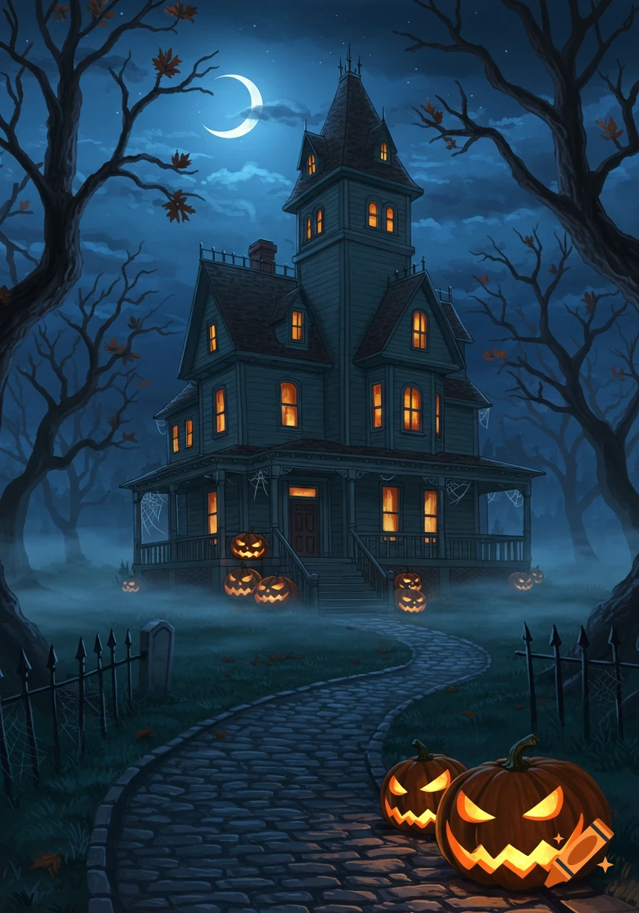 Cutesy cartoon Frankenstein and mummy running scared through a cemetery ...