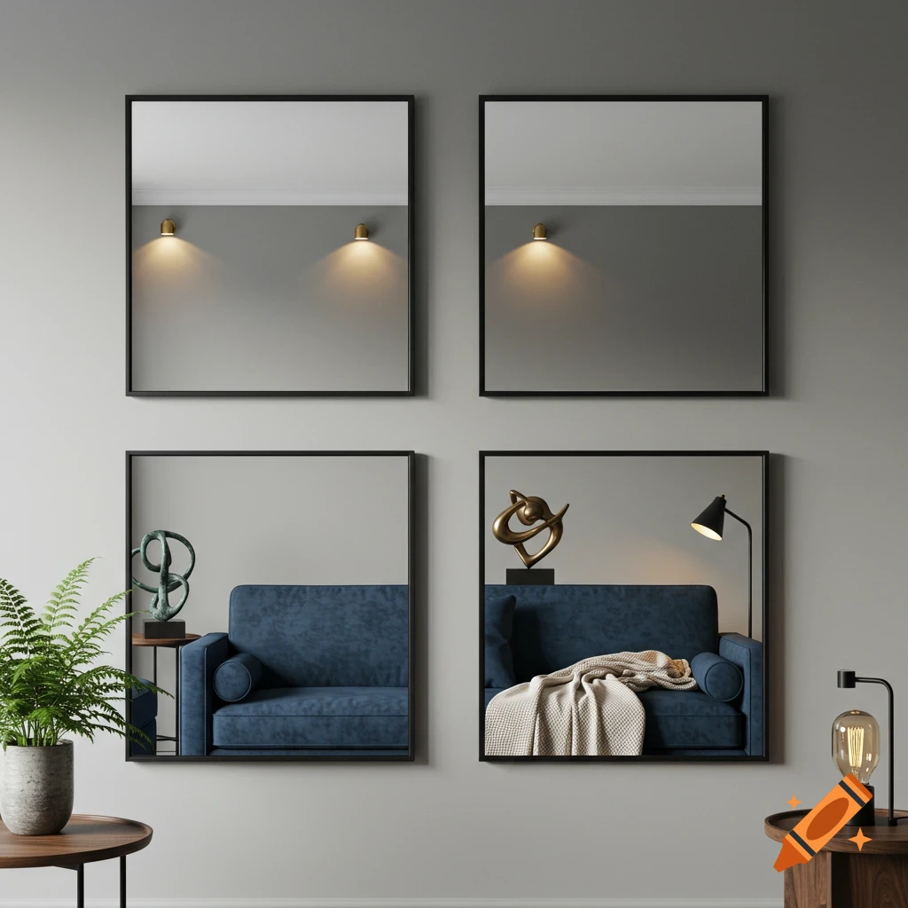Four square mirrors on a grey wall reflect a modern living room with ...
