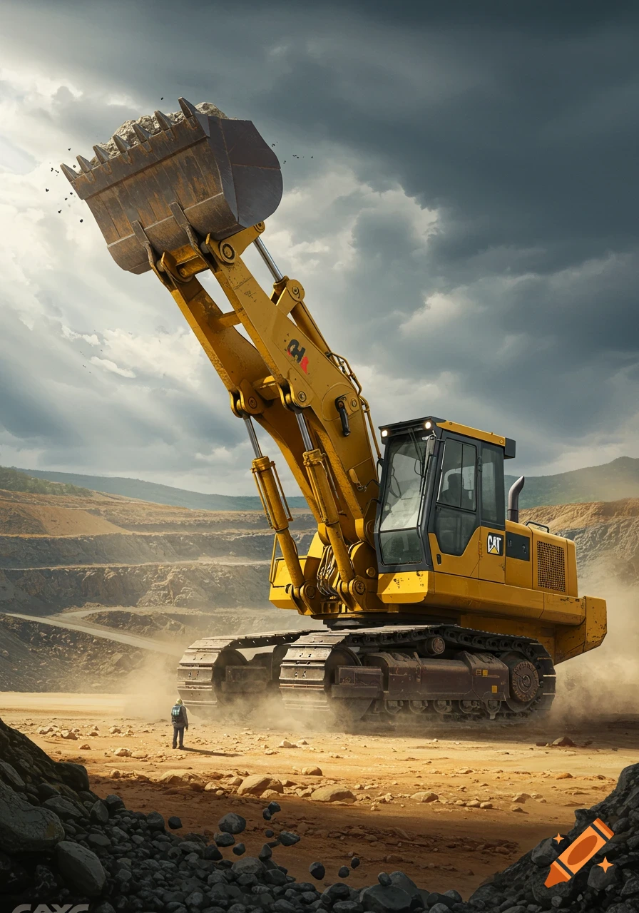 A cheerful cartoon yellow mini-excavator with big eyes, labeled ...